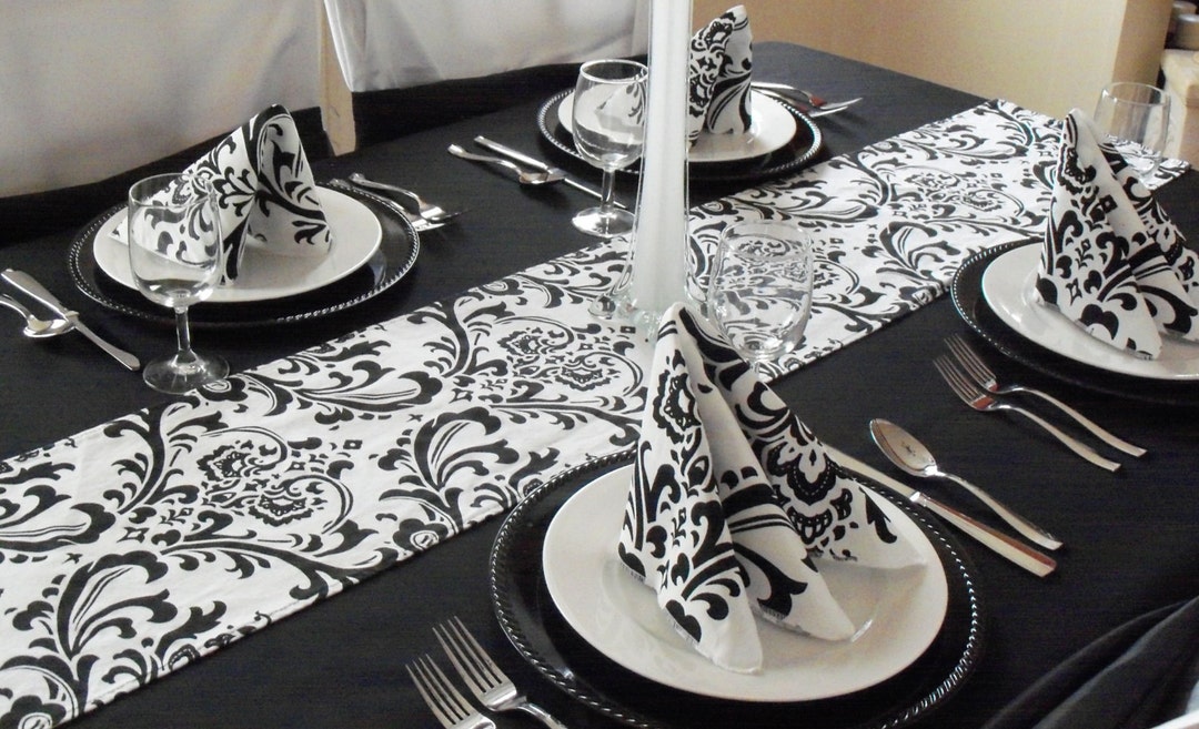Black and White Table Runner Wedding Floral Centerpiece Damask Linens ...