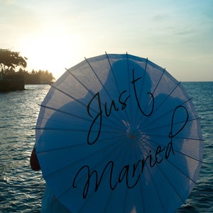 Beach Wedding Ceremony Decor Just Married Parasol Umbrella Photography ...