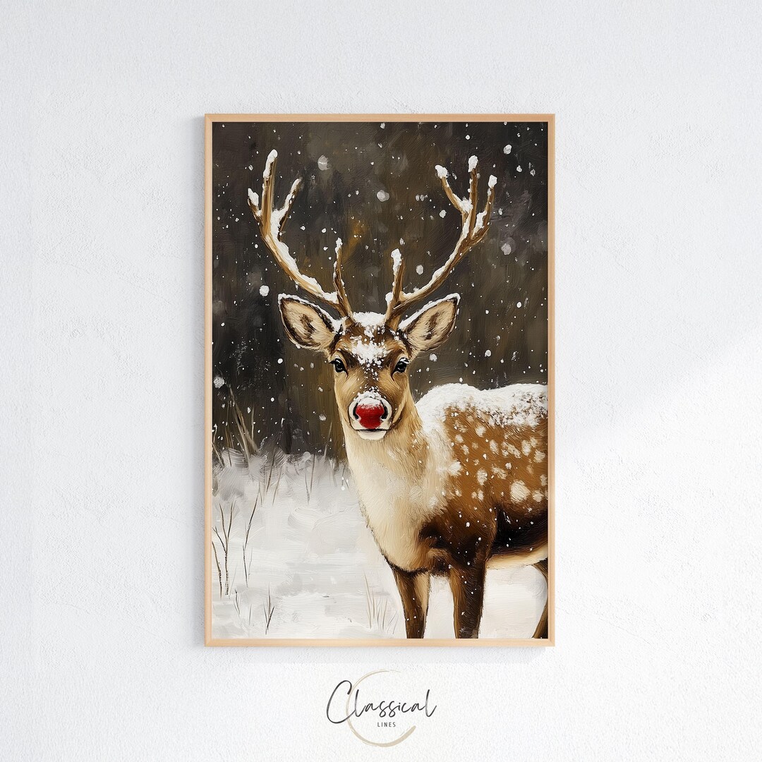 PRINTABLE Reindeer Oil Painting, Rustic Holiday Wall Art, Vintage ...