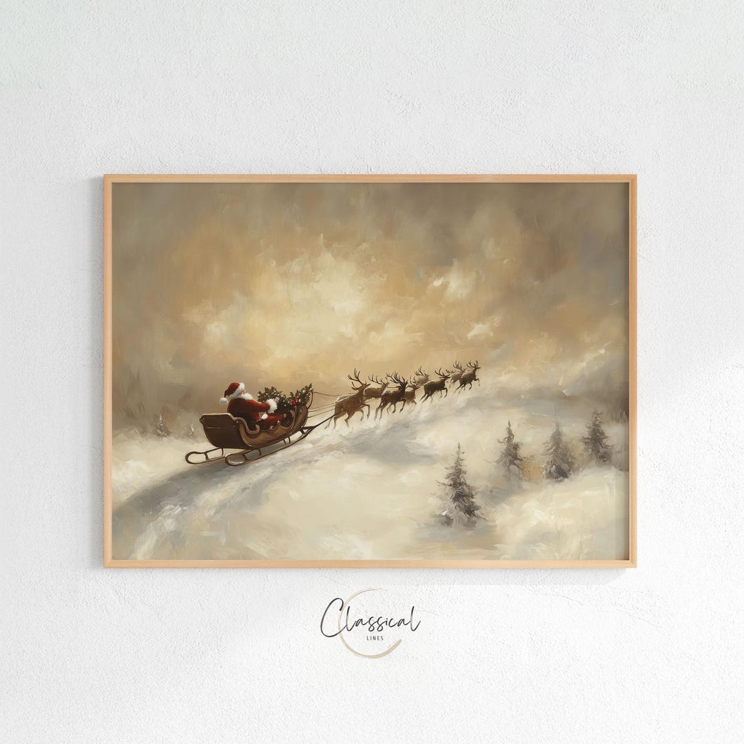 Vintage Santa Sleigh Christmas Art Print, Snowy Landscape (digital ...
