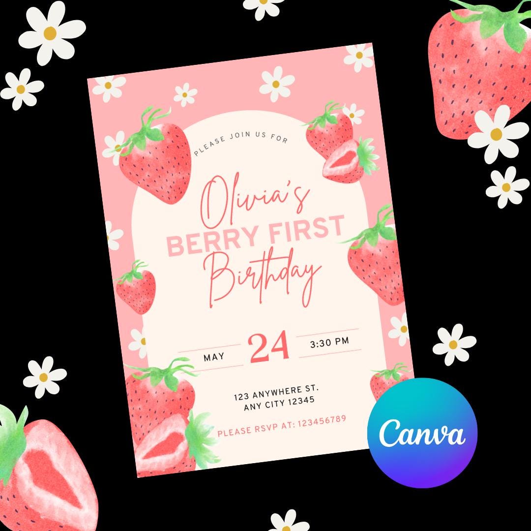 Sweet Strawberry First Birthday Invitation N.1 / Editable Template ...