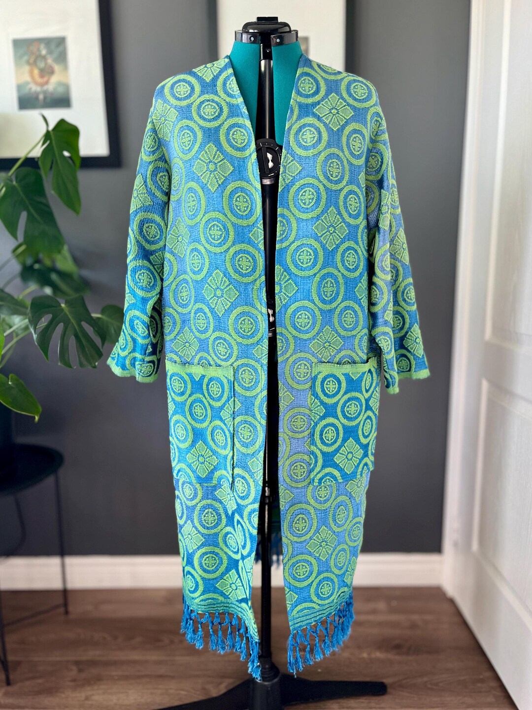 Green and Blue Kimono Duster Upcycled From Vintage Throw Blanket Eco ...