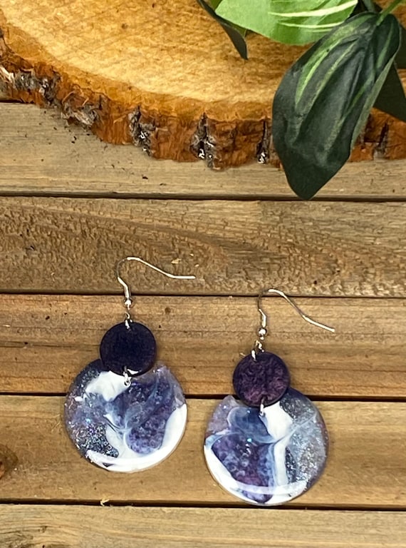 JMDesignsNC Handmade Purple White Resin Earrings