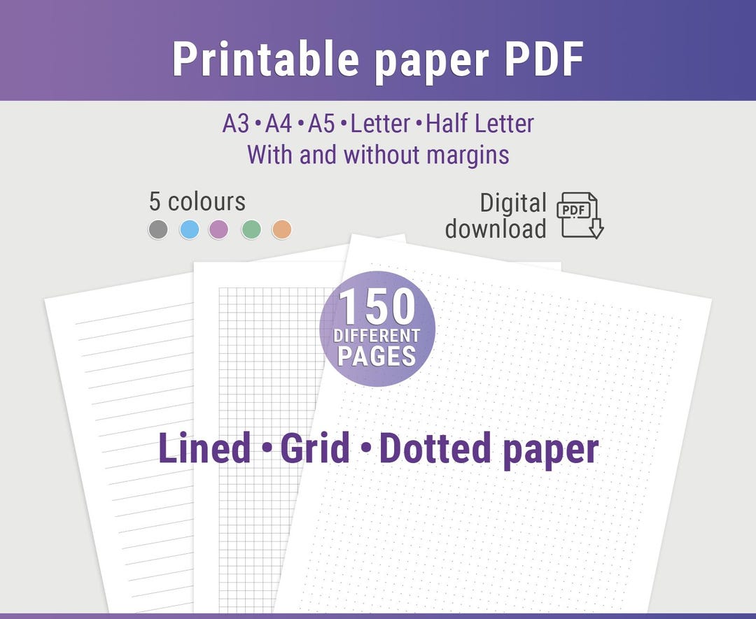 Printable Paper Bundle PDF - Lined, Grid & Dotted | A3 A4 A5 Letter ...
