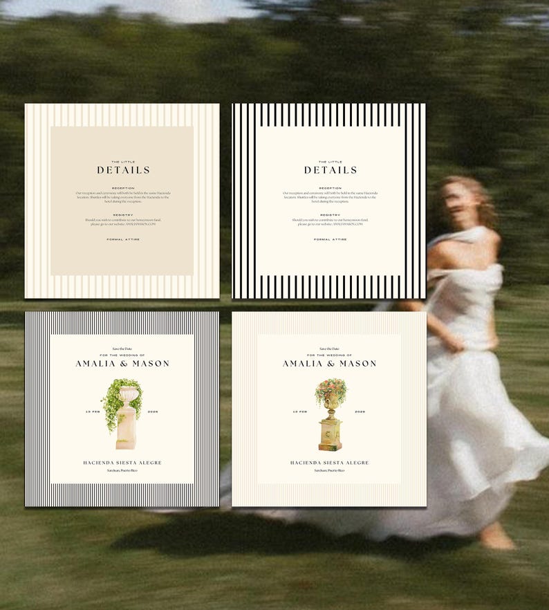 Elegant Striped Black, Beige Wedding Invitation Bundle, Editable Canva ...