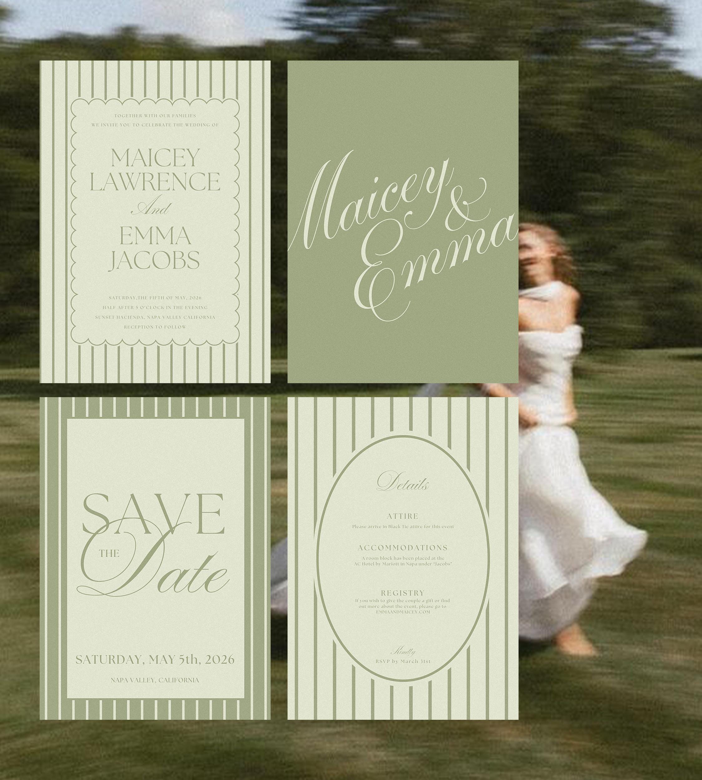 Striped Green Wedding Invitation Template: Elegant Coastal Design ...