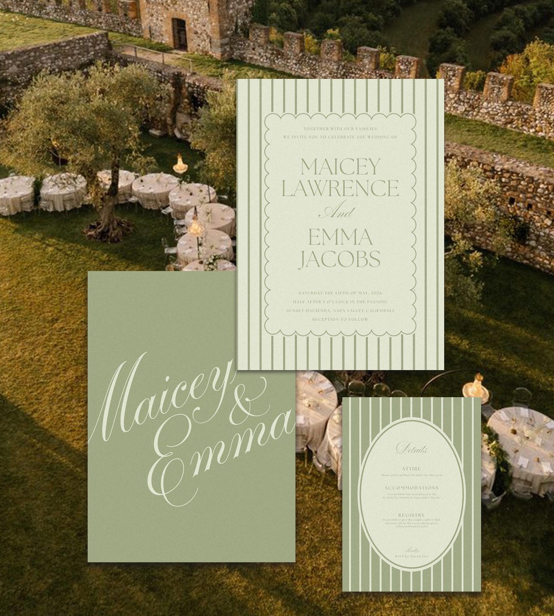 Striped Green Wedding Invitation Template: Elegant Coastal Design ...