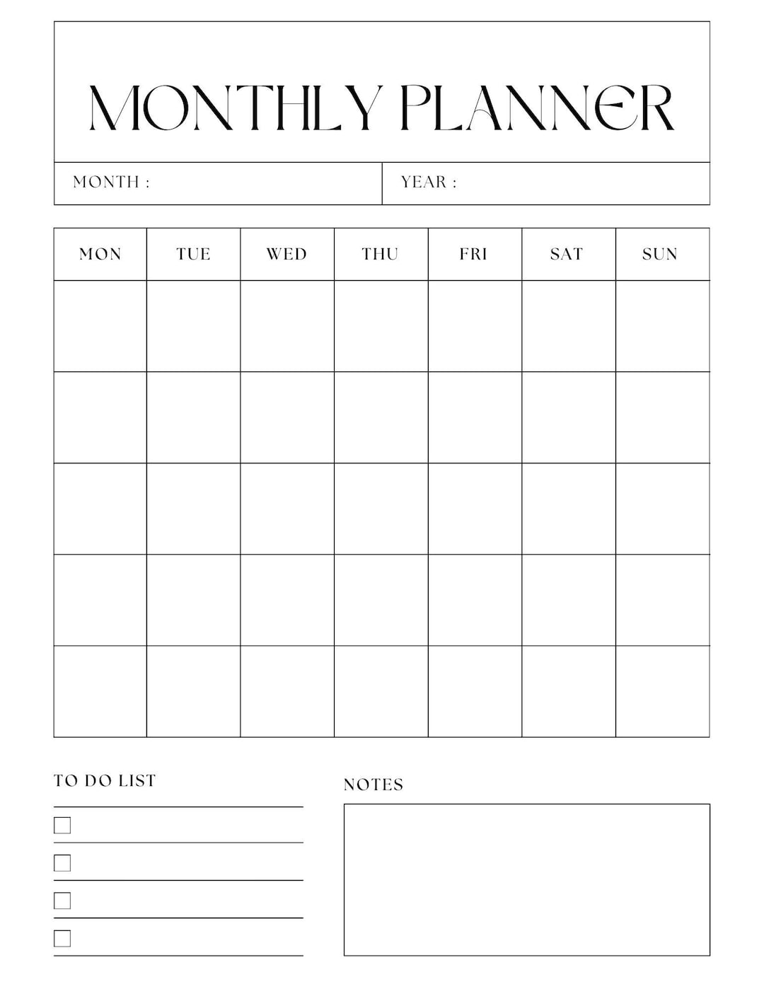 Monthly Planner Printable | Minimal Calendar Layout | Undated PDF ...