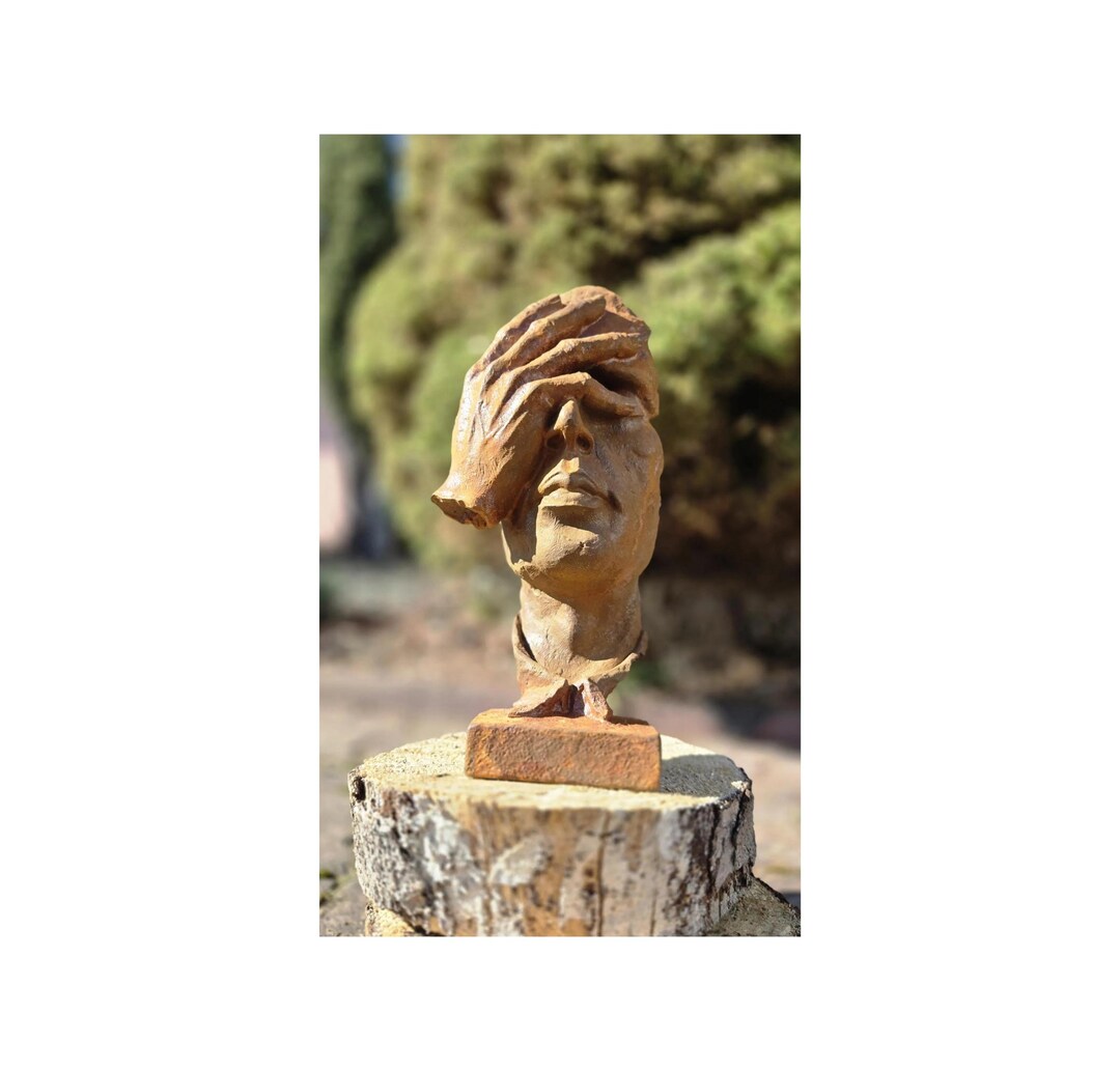 Antique Cast Iron Sculpture Worried Face. Rustic Figurine Garden and ...