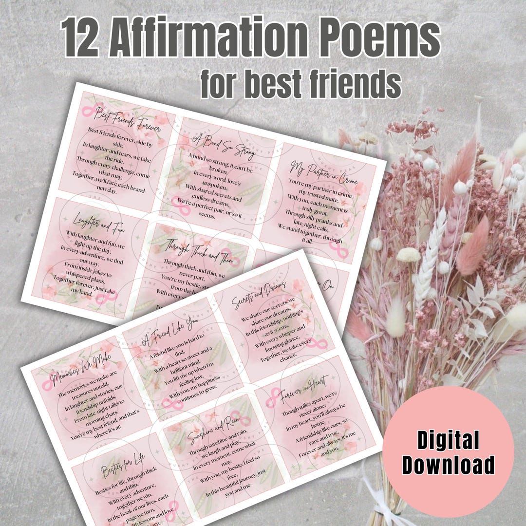 Best Friend Gift, 12 Rhyming Poems, Printable Friendship Affirmations ...