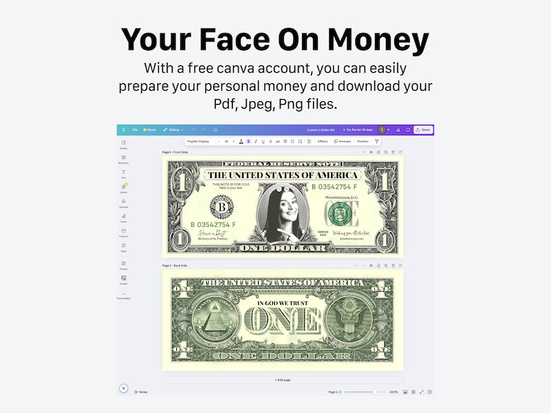 Personalized Dollar Bill Canva Template: Custom Face Money (digital ...
