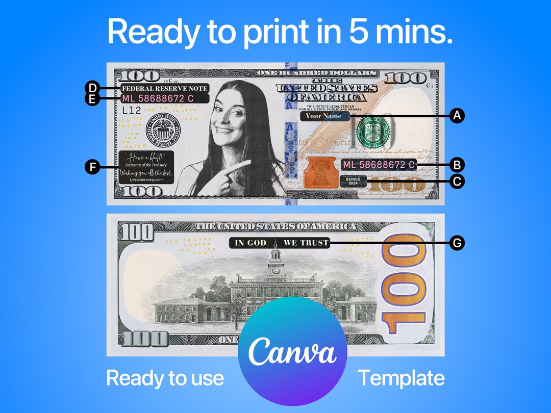 Custom 100 Dollar Bill Template, Picture on Dollar, Digital Print Money ...
