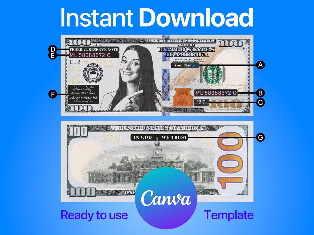 Personalized 100 Dollar Bill Canva Template, Editable Dollar, Custom ...