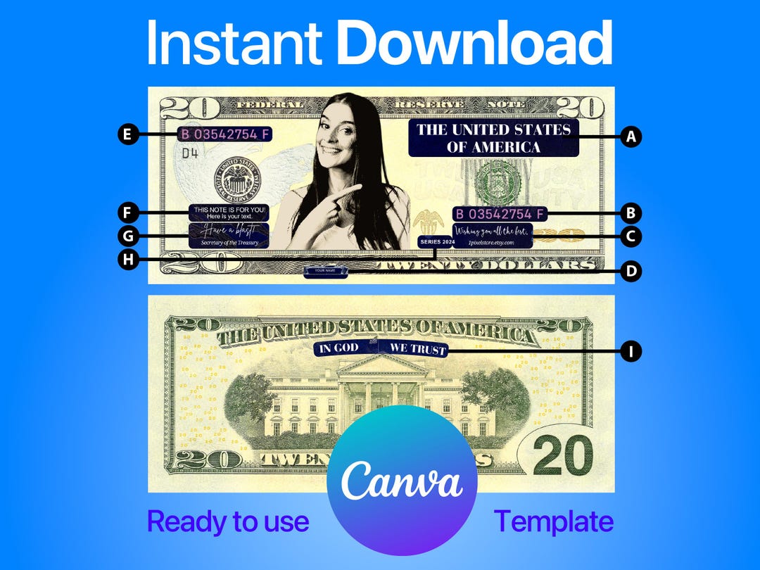 Personalized Face 20 Dollar Bill Template: Custom Party Money (digital ...