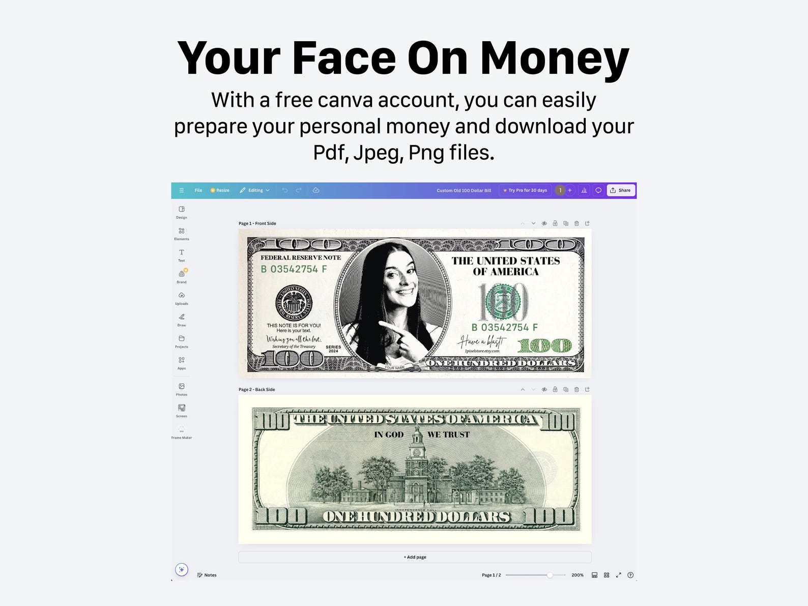 Personalized 100 Dollar Bill Canva Template (digital Download) - Etsy