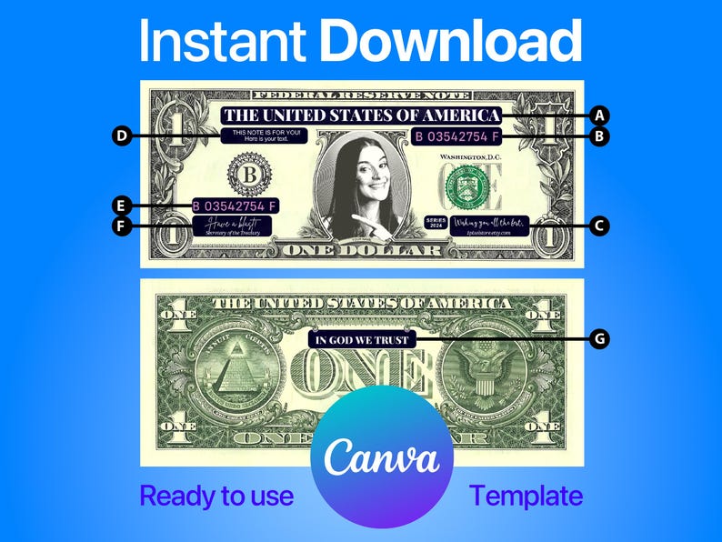 Personalized Dollar Bill Canva Template: Custom Face Money (digital ...