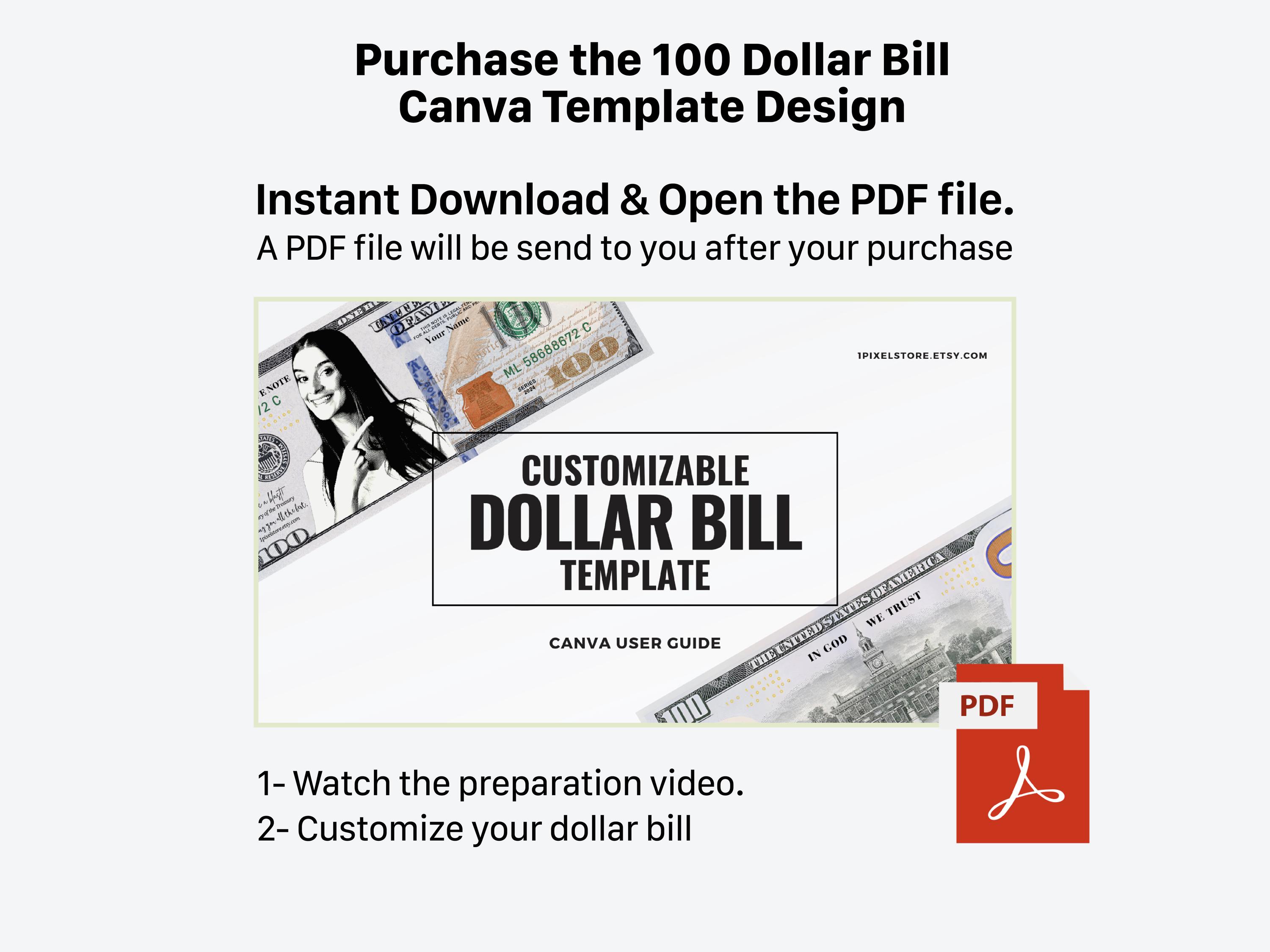 Custom 100 Dollar Bill Canva Template: Personalized Money (digital ...