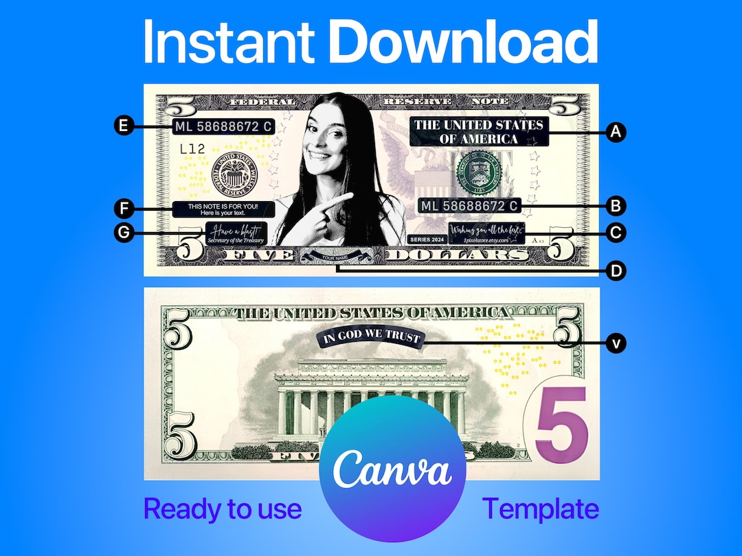 Custom Face 5 Dollar Bill: Editable Canva Template (digital Download ...