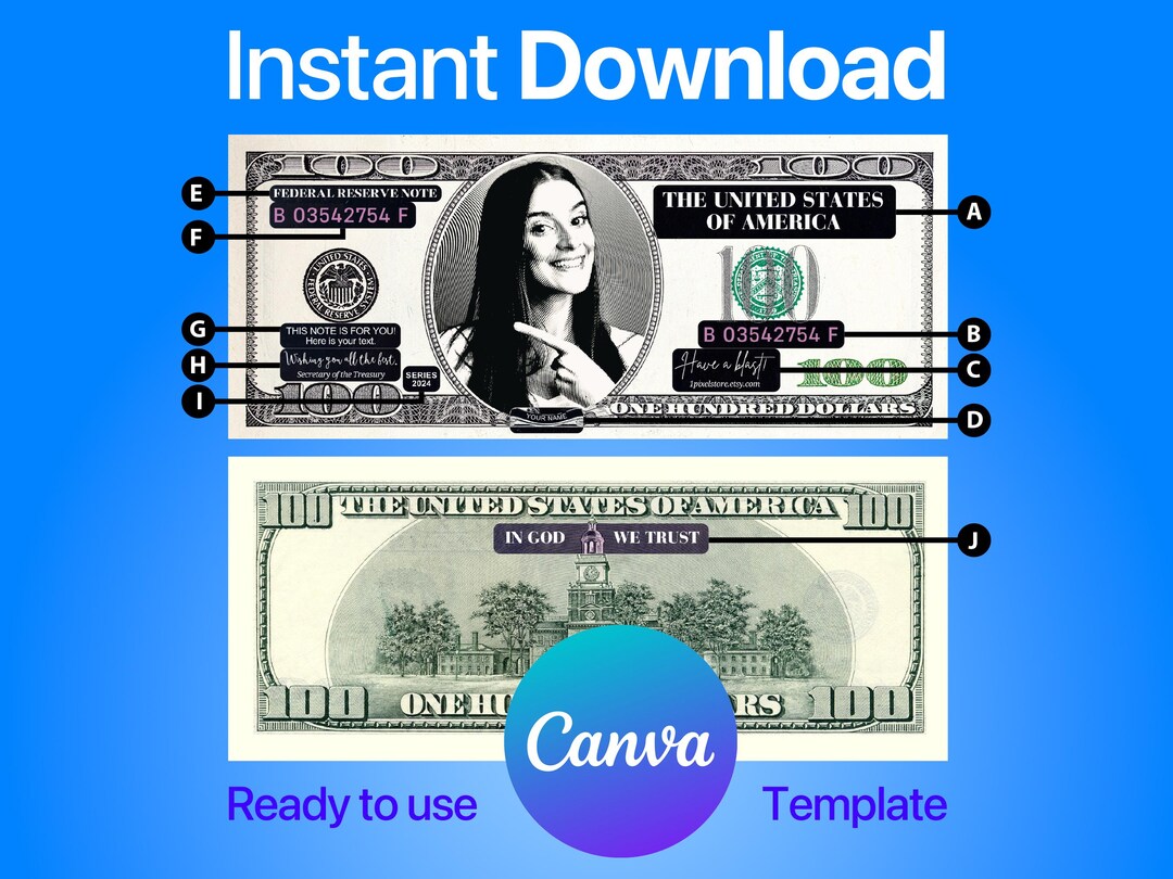 Personalized 100 Dollar bill canva template Editable dollar Custom dollar bill Fake money ...