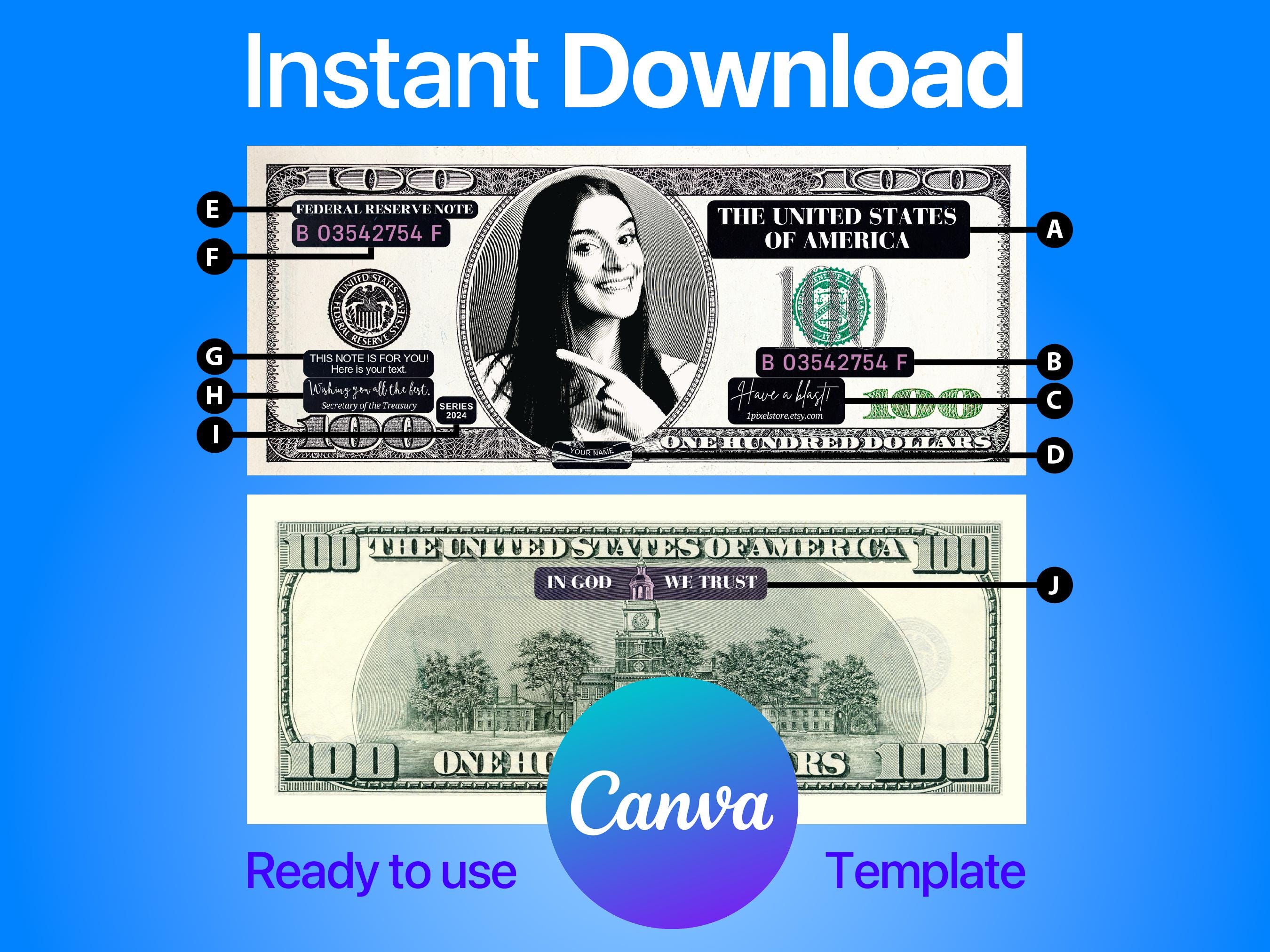 Personalized 100 Dollar Bill Canva Template (digital Download) - Etsy