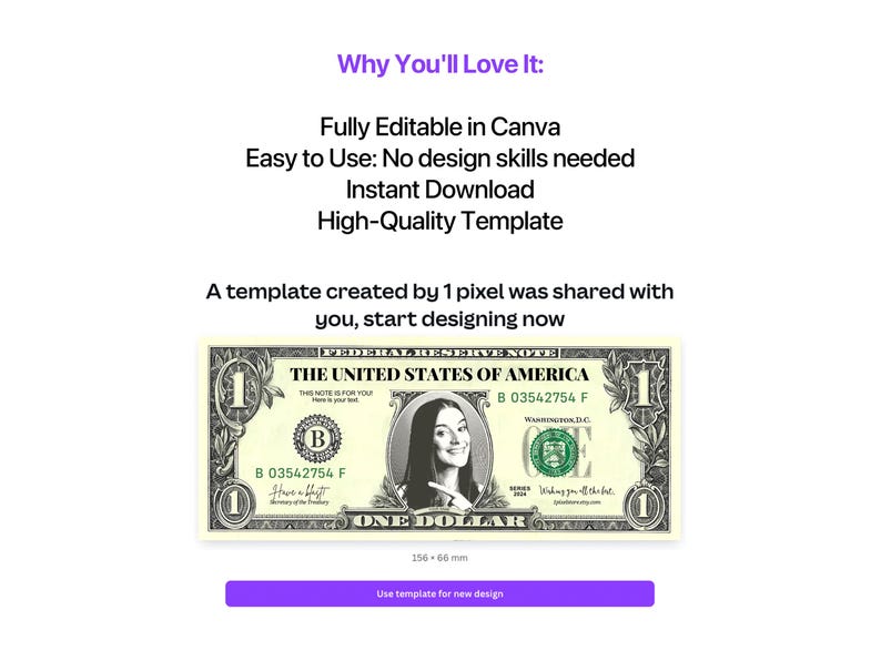 Personalized Dollar Bill Canva Template: Custom Face Money (digital Download) - Etsy