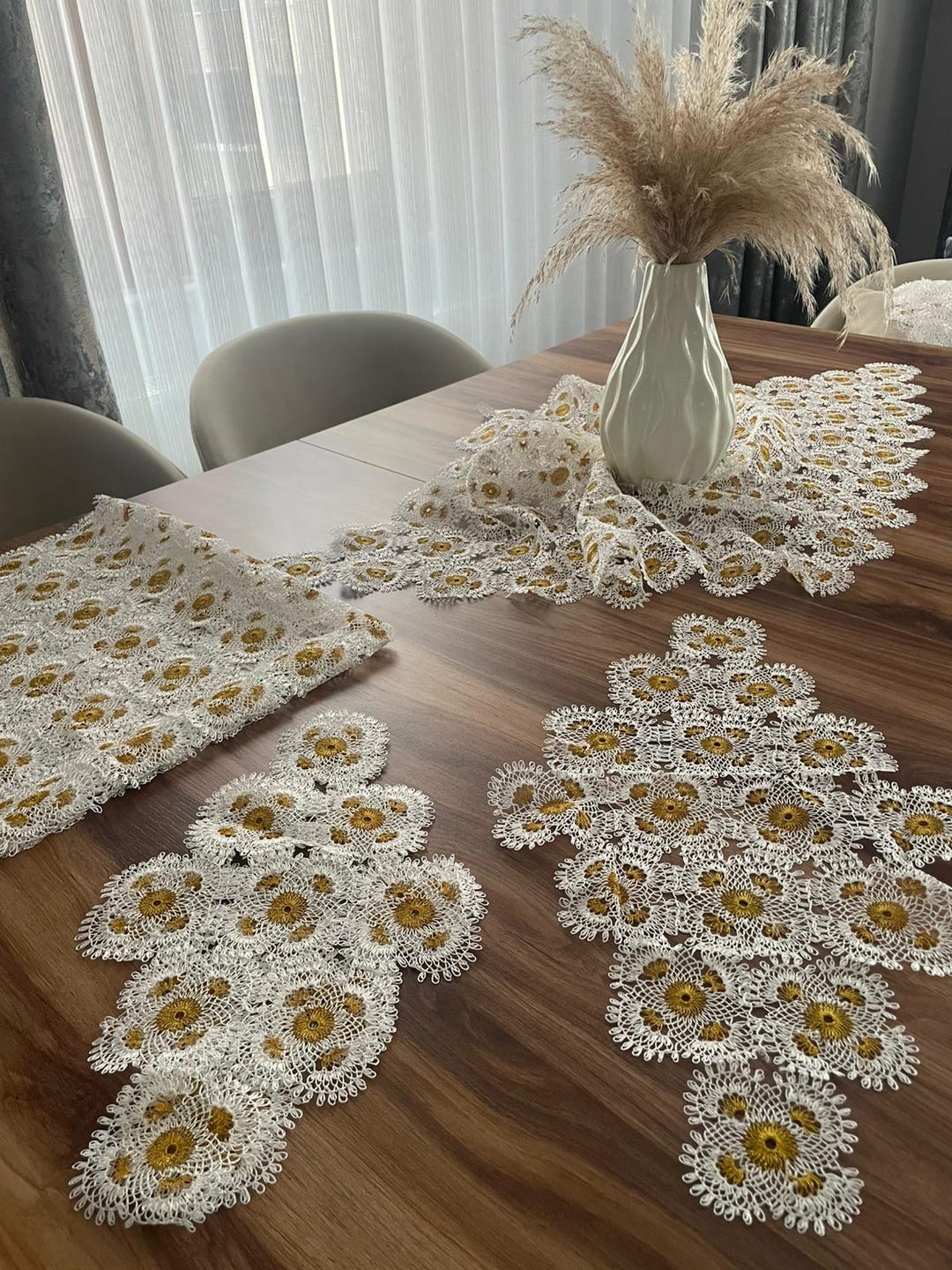 Antique Needle Lace Table Set: Handmade Gold & White Linen, 9-piece ...