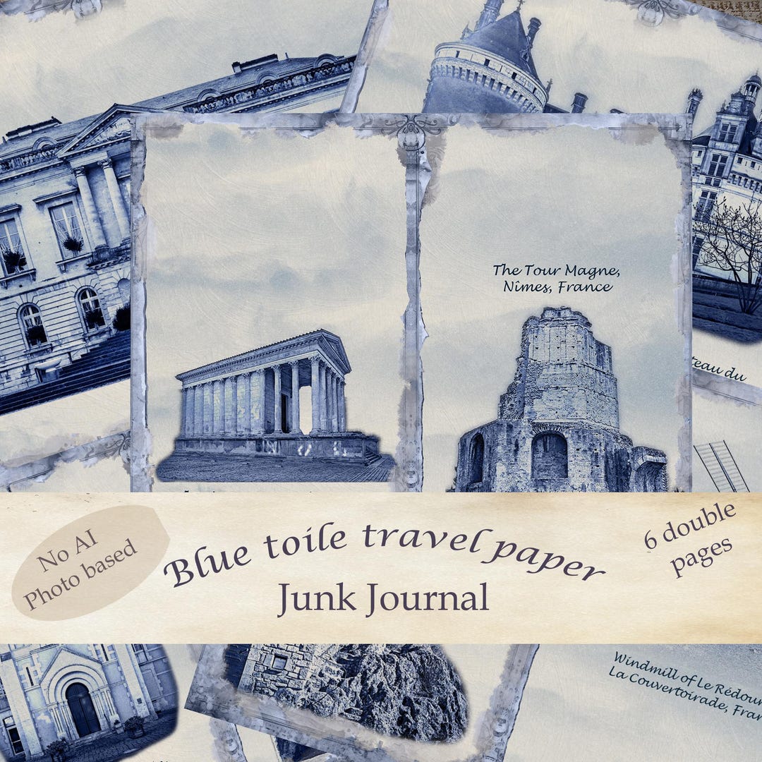 Blue Toile French Landmark Printable Journal Double Pages 11"x8.5 ...