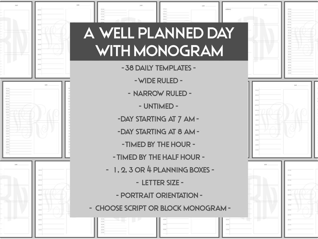 A Well Planned Day Planner Templates WITH MONOGRAM, Set of 38, Portrait ...