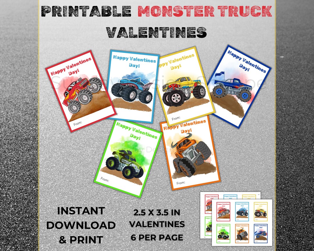 Printable Monster Truck Valentines. 2.5 X 3.5 in Valentine’s Day Cards ...
