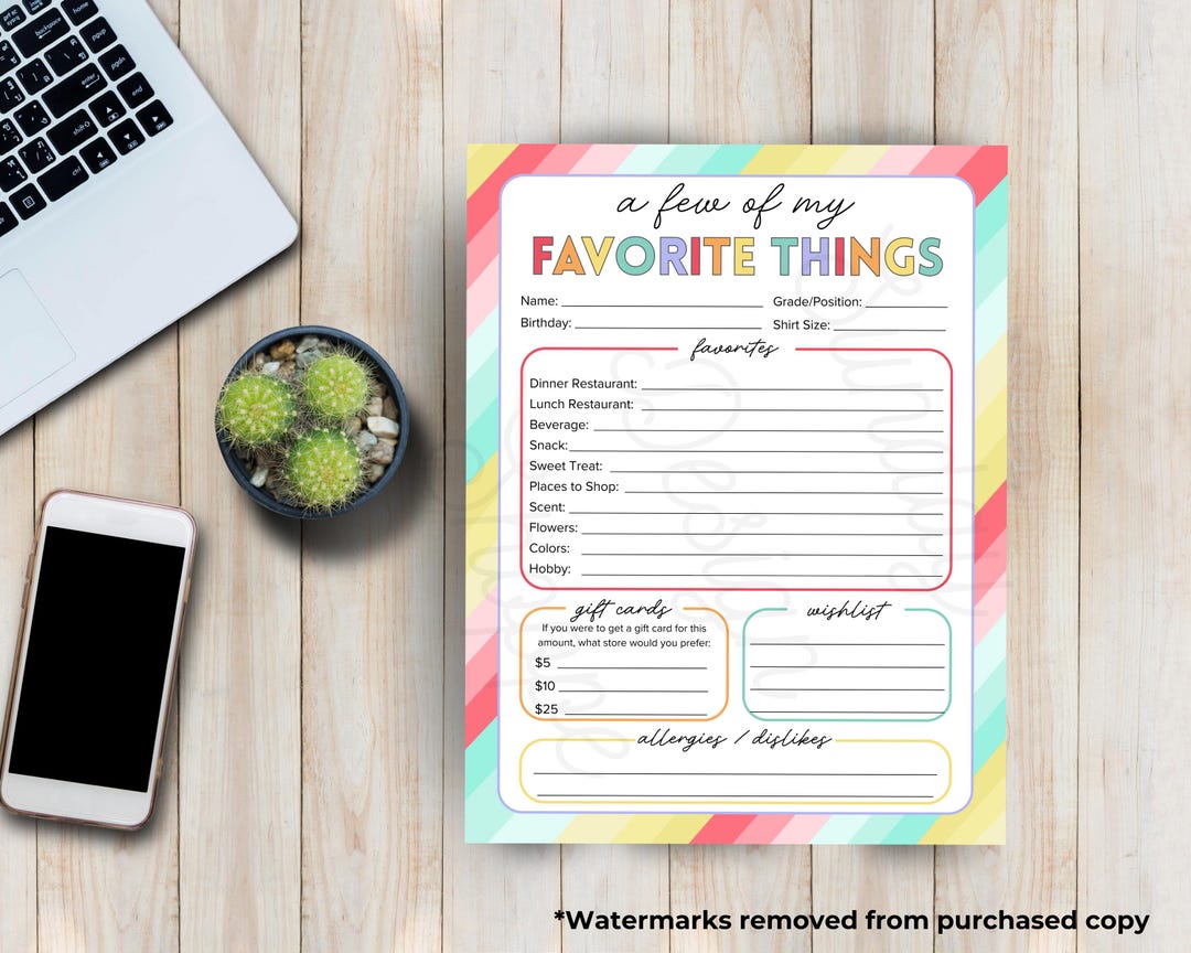 Printable Teacher & Staff Favorites Interview/questionnaire. My ...