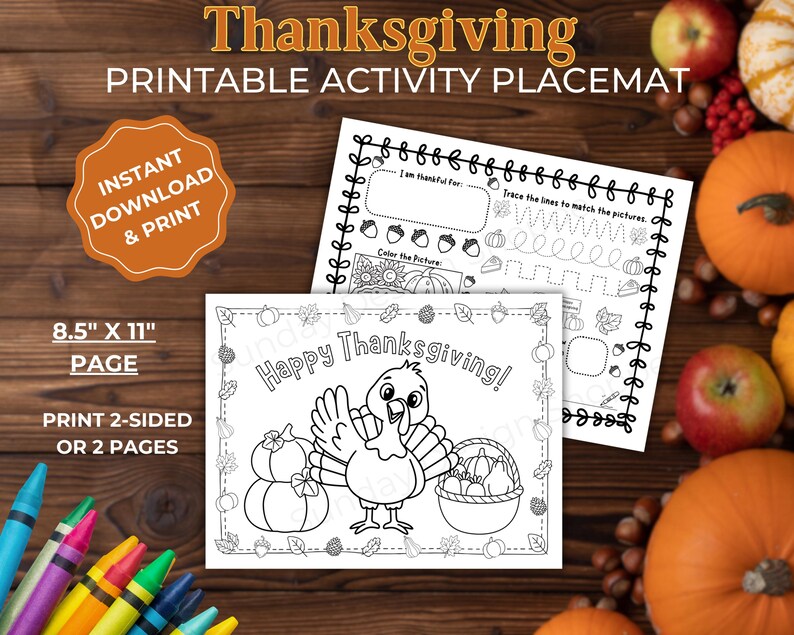 Printable Thanksgiving Activity Coloring Placemat. 8.5 X 11 PDF ...