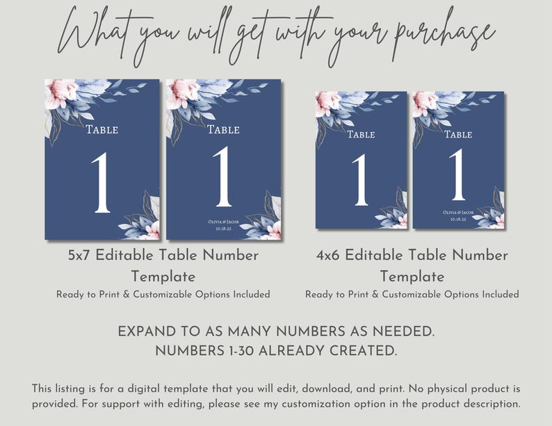 Floral Navy Blue Table Number Digital Template. 4x6 and 5x7 Templates ...