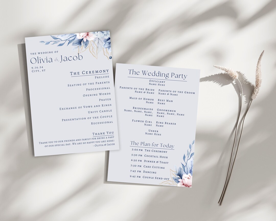 Floral Dusty Blue Wedding Program Digital Template. 5" X 7" Double Sided Program. Customizable ...