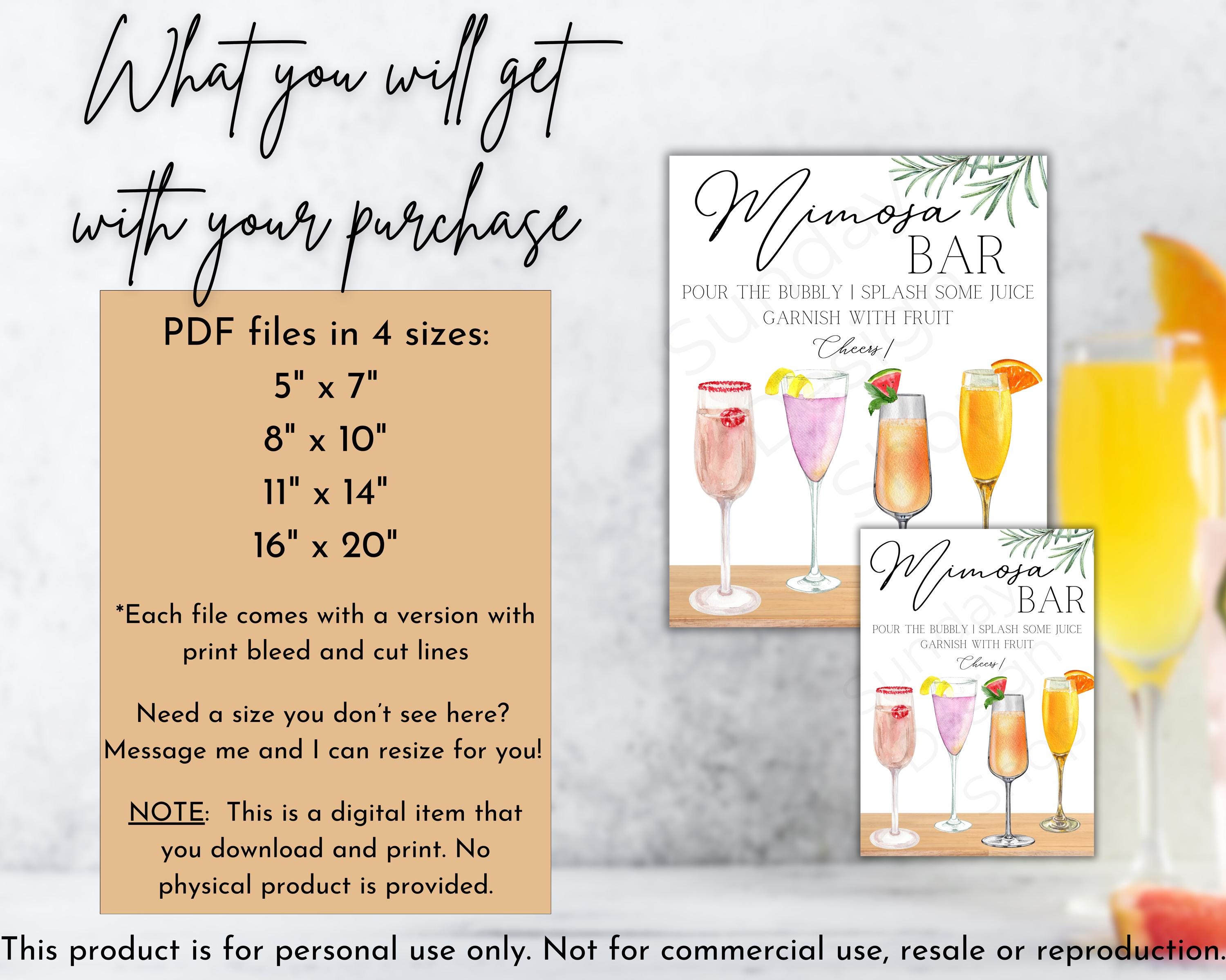 Mimosa Bar Sign With Instructions. Instant Download and Print. 5x7 ...