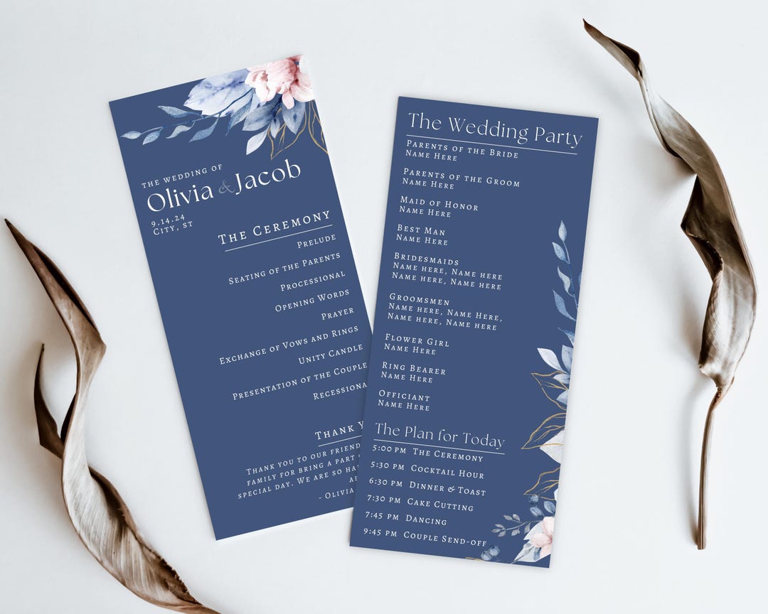 Floral Navy Blue Wedding Program Digital Template. 4" X 9" Double Sided Program. Customizable ...