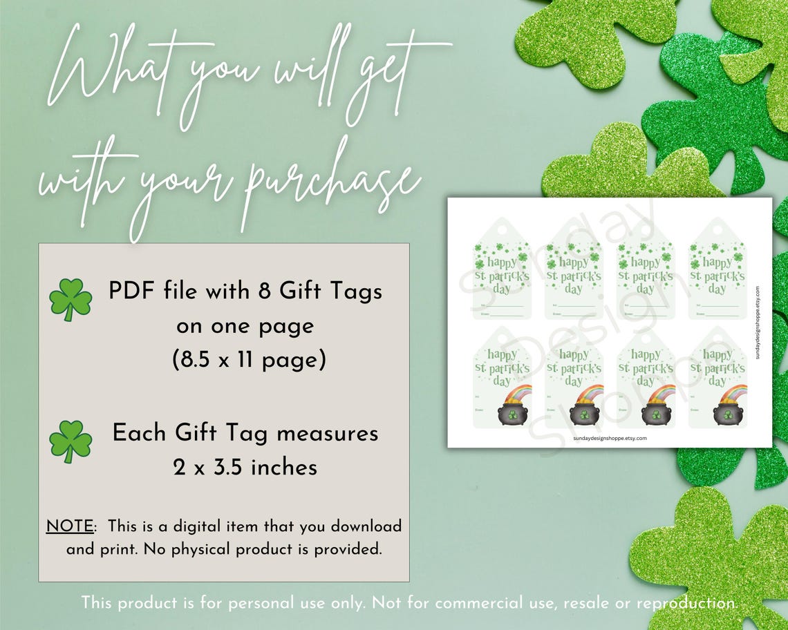 Printable St. Patrick's Day Gift Tags. 2" X 3.5" Square Tags. Instant ...