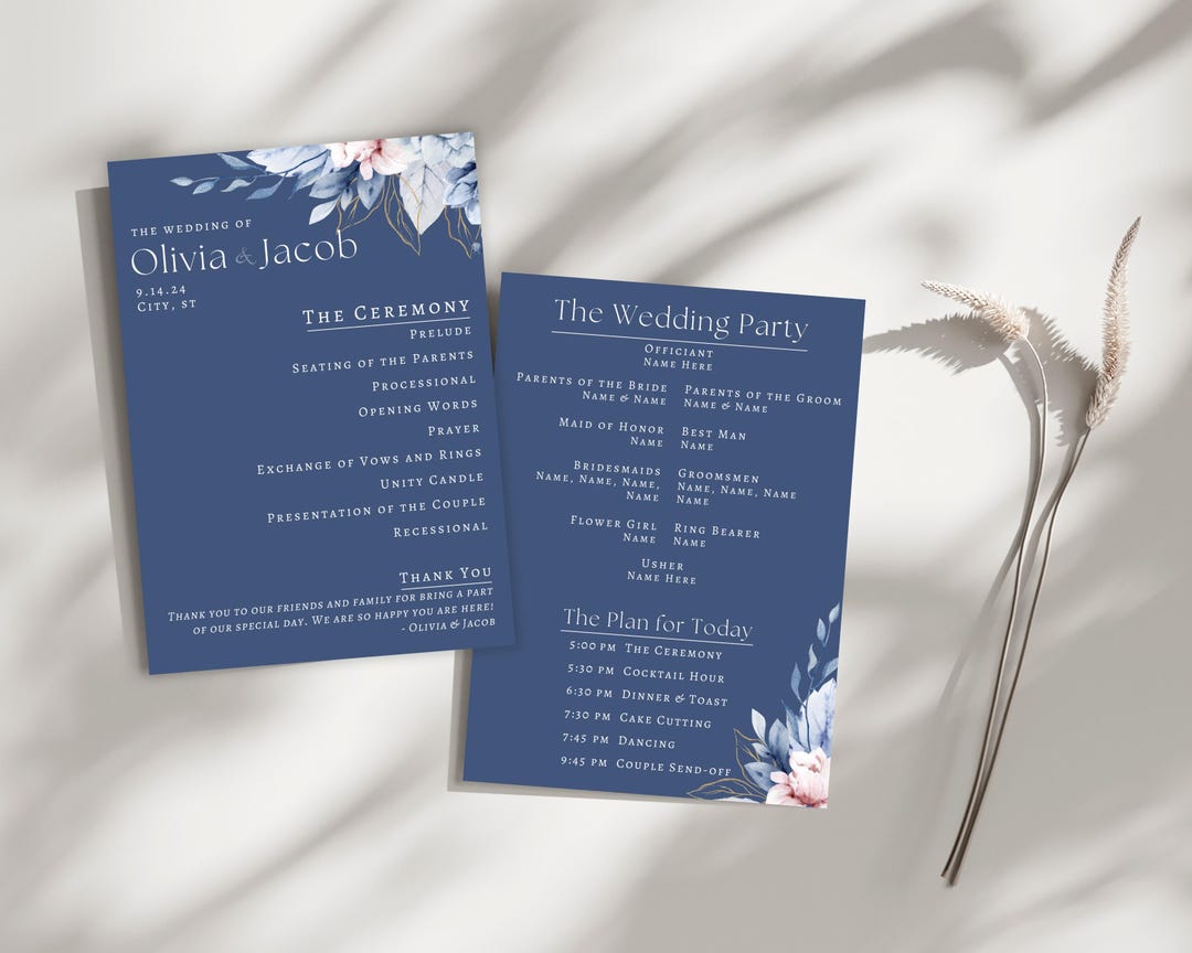 Floral Navy Blue Wedding Program Digital Template. 5" X 7" Double Sided Program. Customizable ...