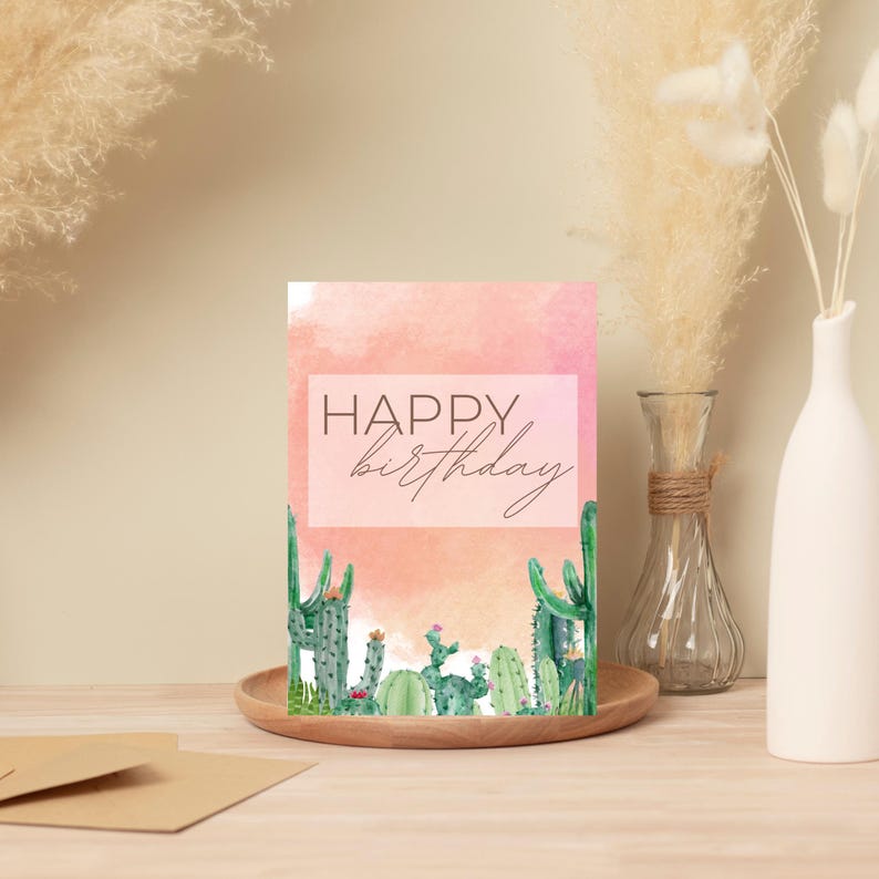 Printable Birthday Card, Cactus Sunset, 5x7 Folded Card, Portrait ...