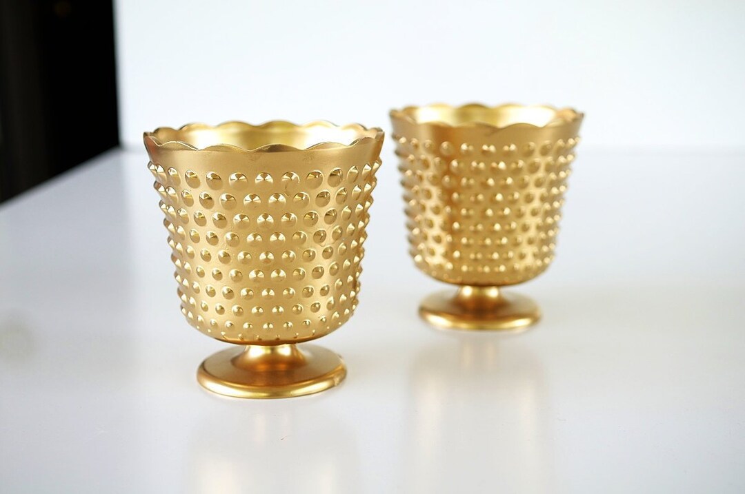 Gold Planter Hobnail Tulip Base Mid Century Flower Herb Kitchen Desk ...