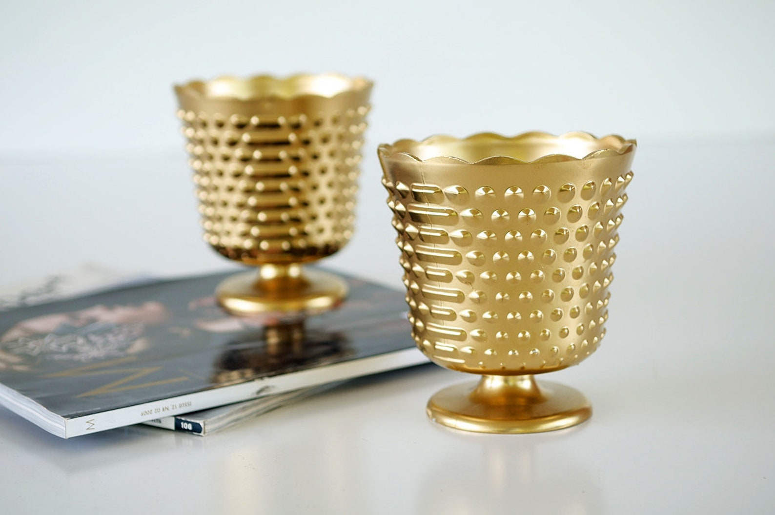 Gold Planter Hobnail Tulip Base Mid Century Flower Herb Kitchen Desk ...