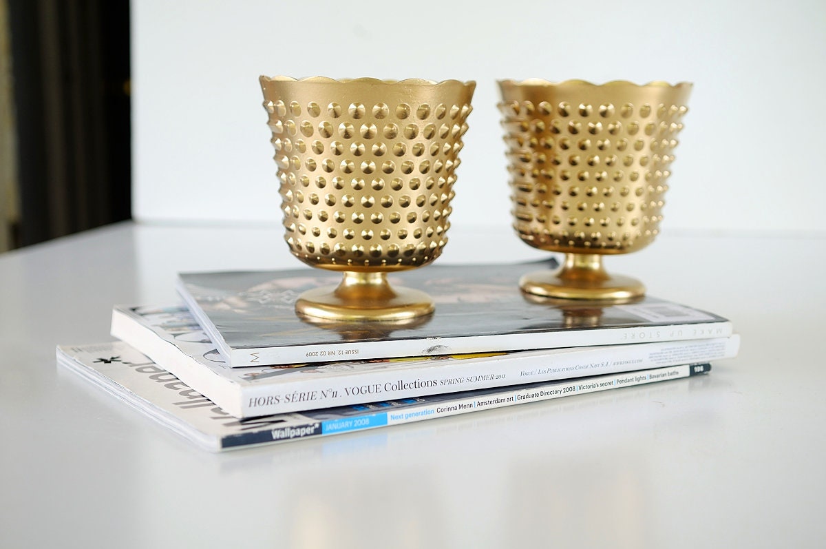 Gold Planter Hobnail Tulip Base Mid Century Flower Herb Kitchen Desk ...