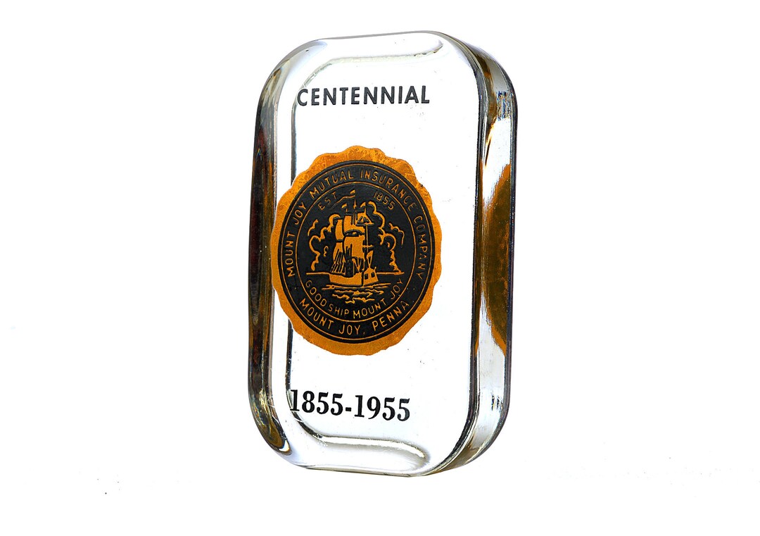 1955 Glass Paperweight Mount Joy Pennsylvania Insurance Centennial 1855 ...