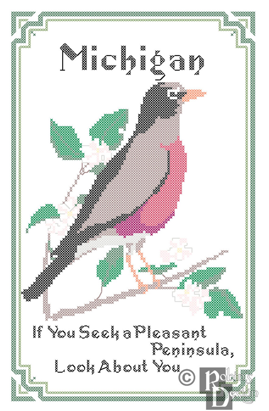 Michigan State Bird, Flower and Motto Cross Stitch Pattern PDF - Etsy