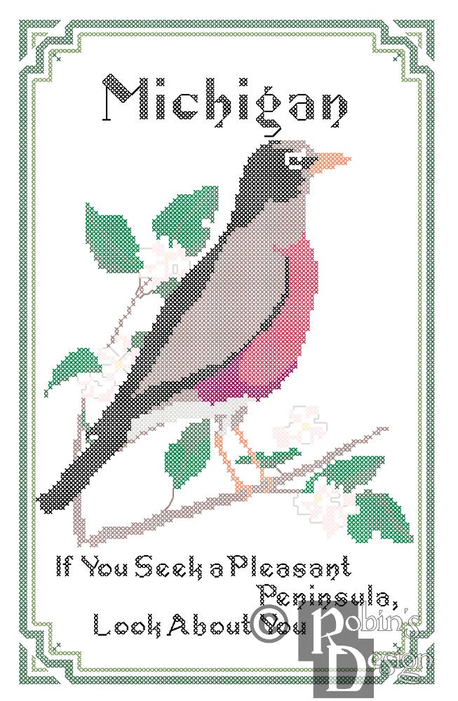 Michigan State Bird, Flower and Motto Cross Stitch Pattern PDF - Etsy