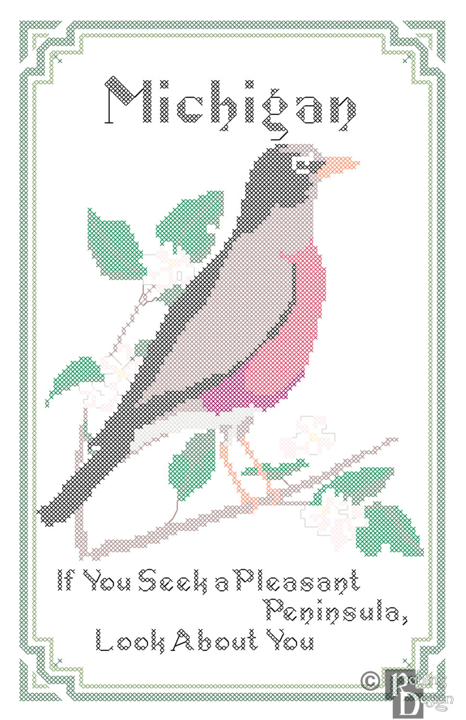Michigan State Bird, Flower and Motto Cross Stitch Pattern PDF - Etsy