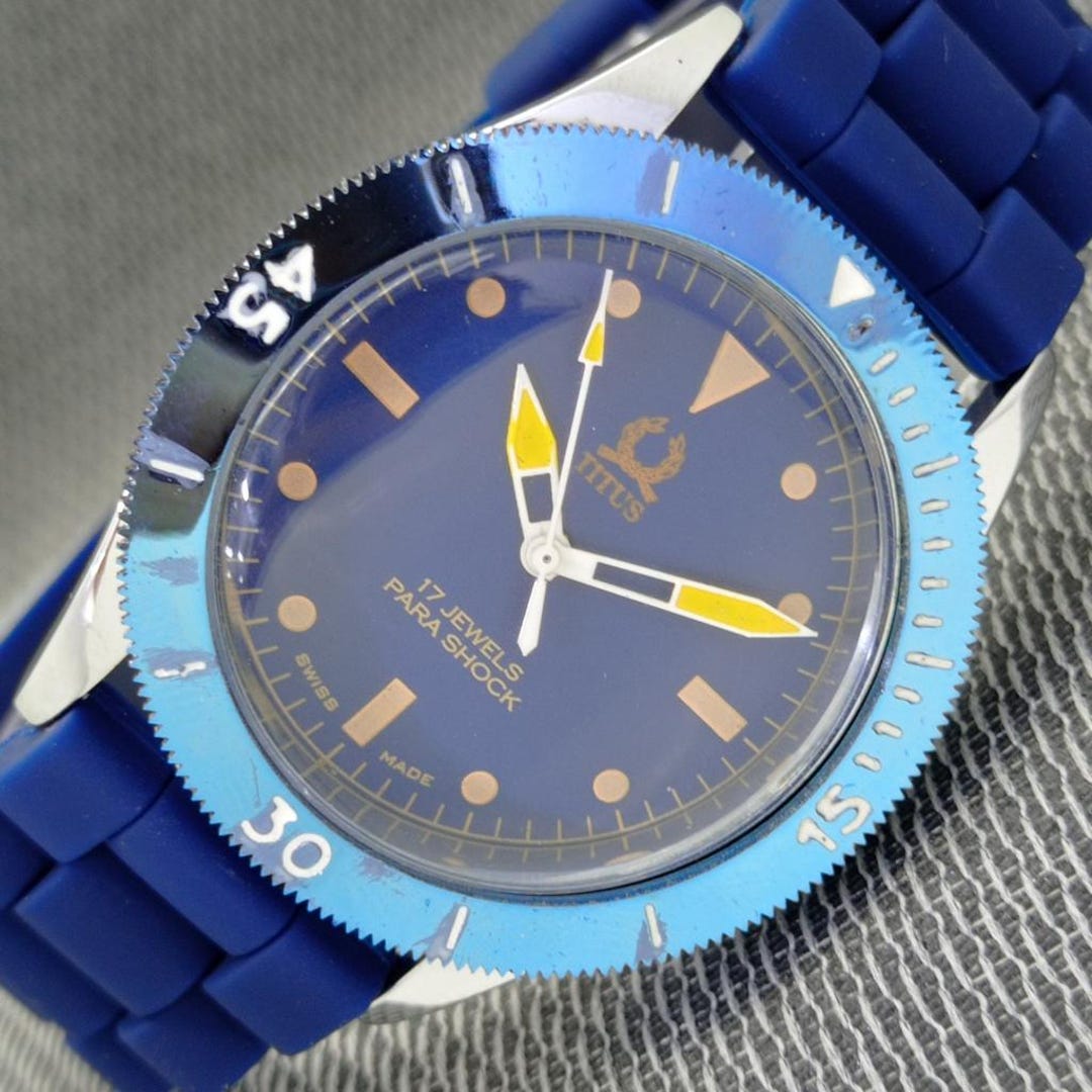 Vintage Titus Hand-winding Swiss Mens Turnable Bezel Blue Color Dial ...