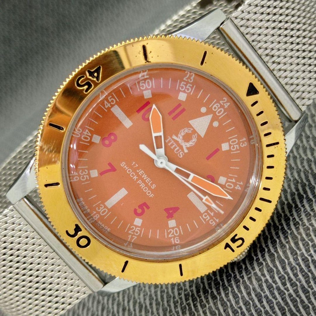 Vintage Titus Hand-winding Swiss Mens Turnable Bezel Orange Color Dial ...