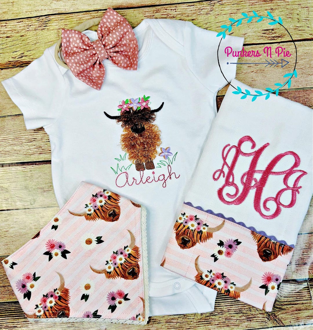 Highland Cow Gift Set for Baby Girl - Fluffy Chenille Embroidery ...