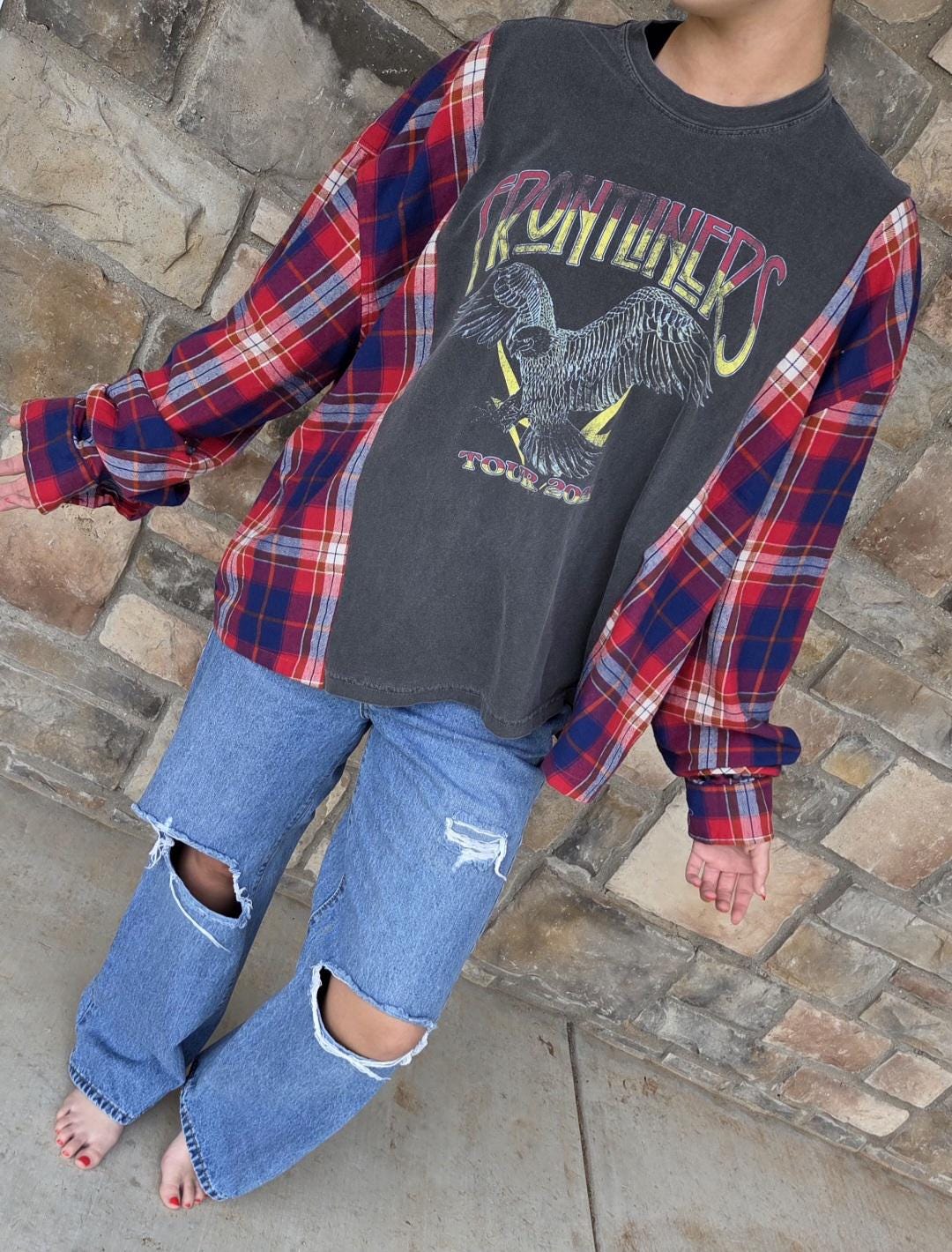 Upcycled Reworked Flannel Tshirt Band Tshirt Plaid Sports Tshirt ...