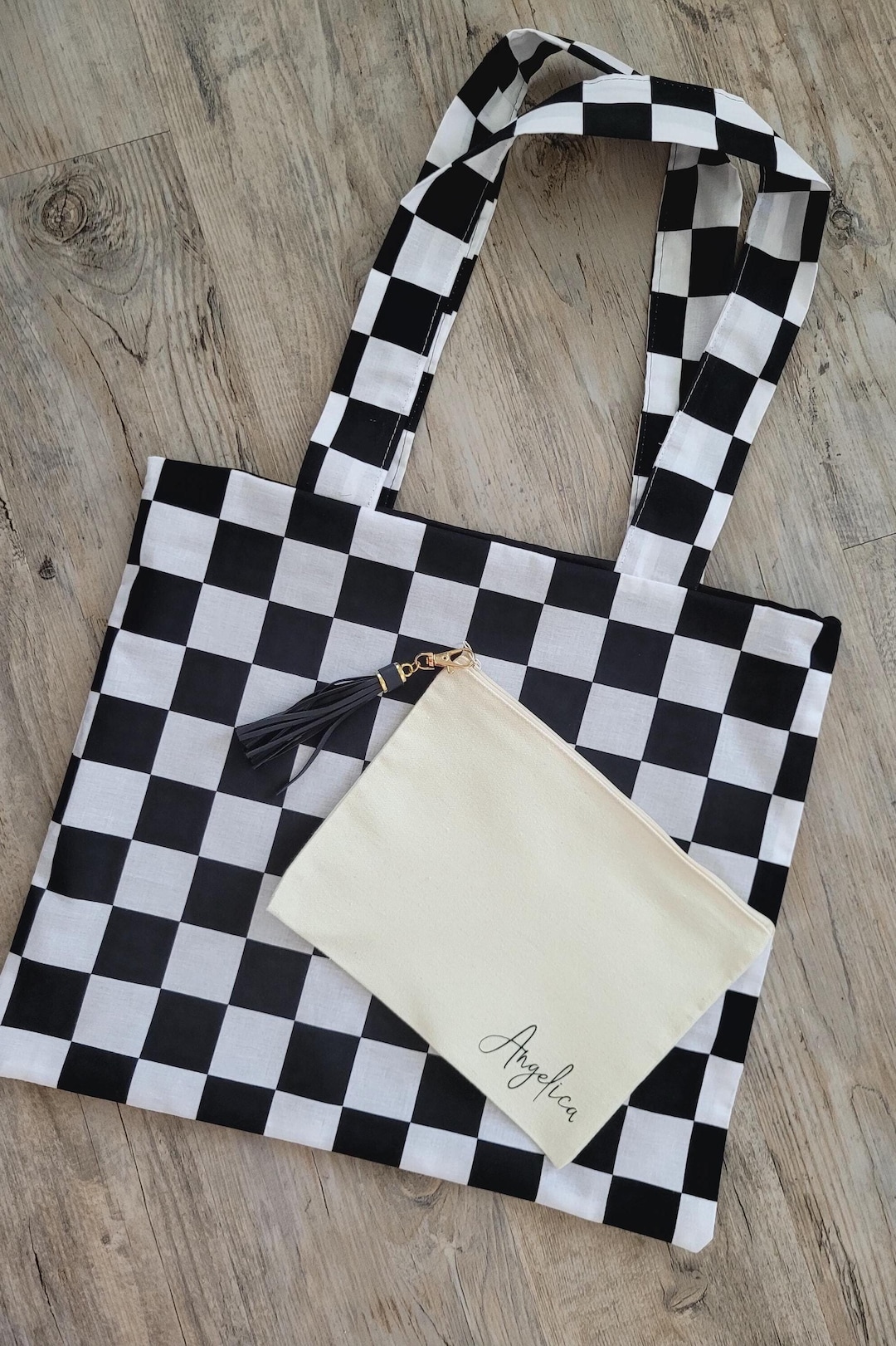 Checkered Black and White Checkered Tote Bag Crossbody Bag Set - Etsy